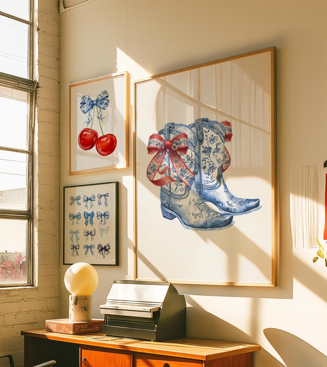 Cowgirl Boots Art Print Set: Blue Bow Western Decor (digital Download ...