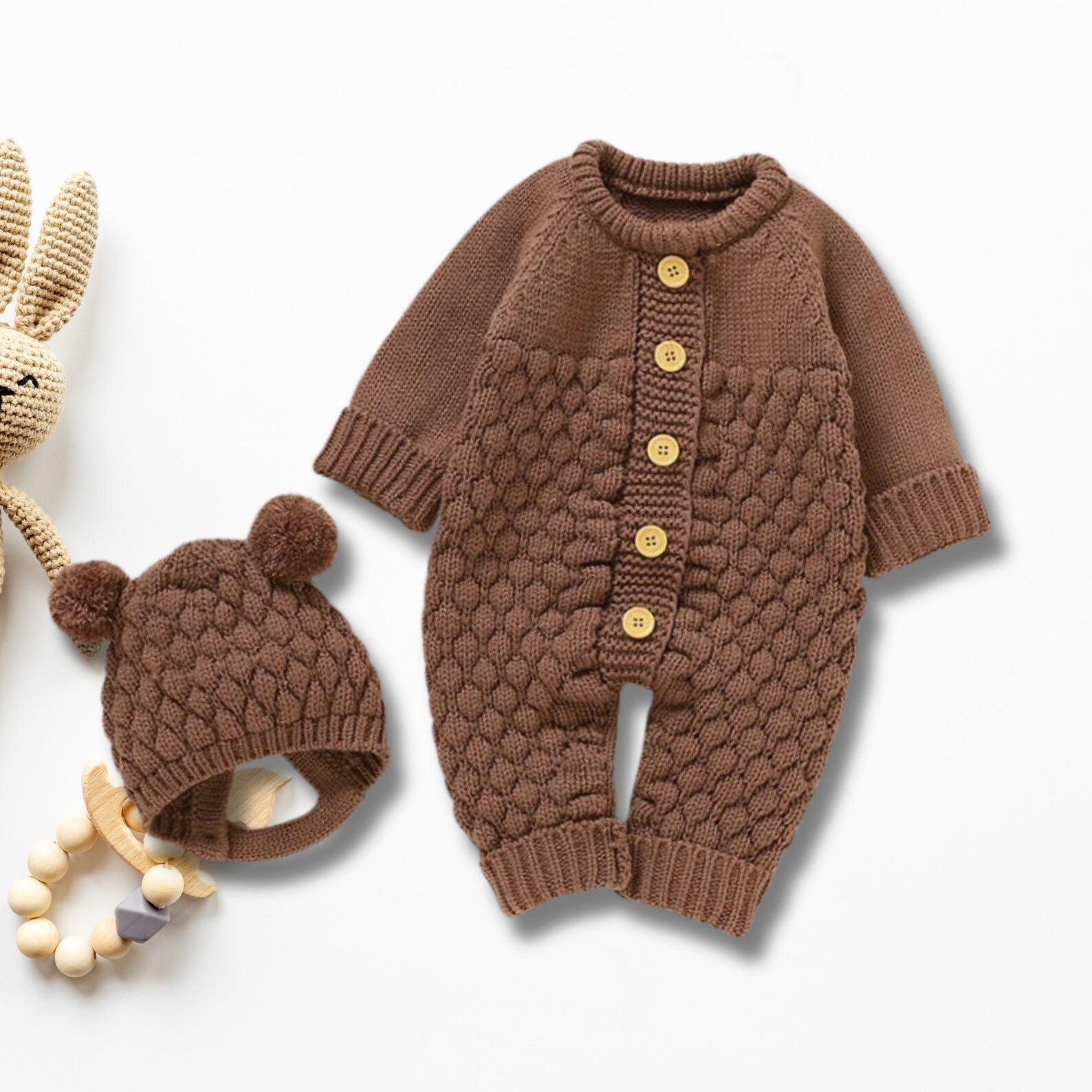 Baby Newborn Chunky Knit Set, Baby Clothing 4PCS, Romper Booties Hat ...