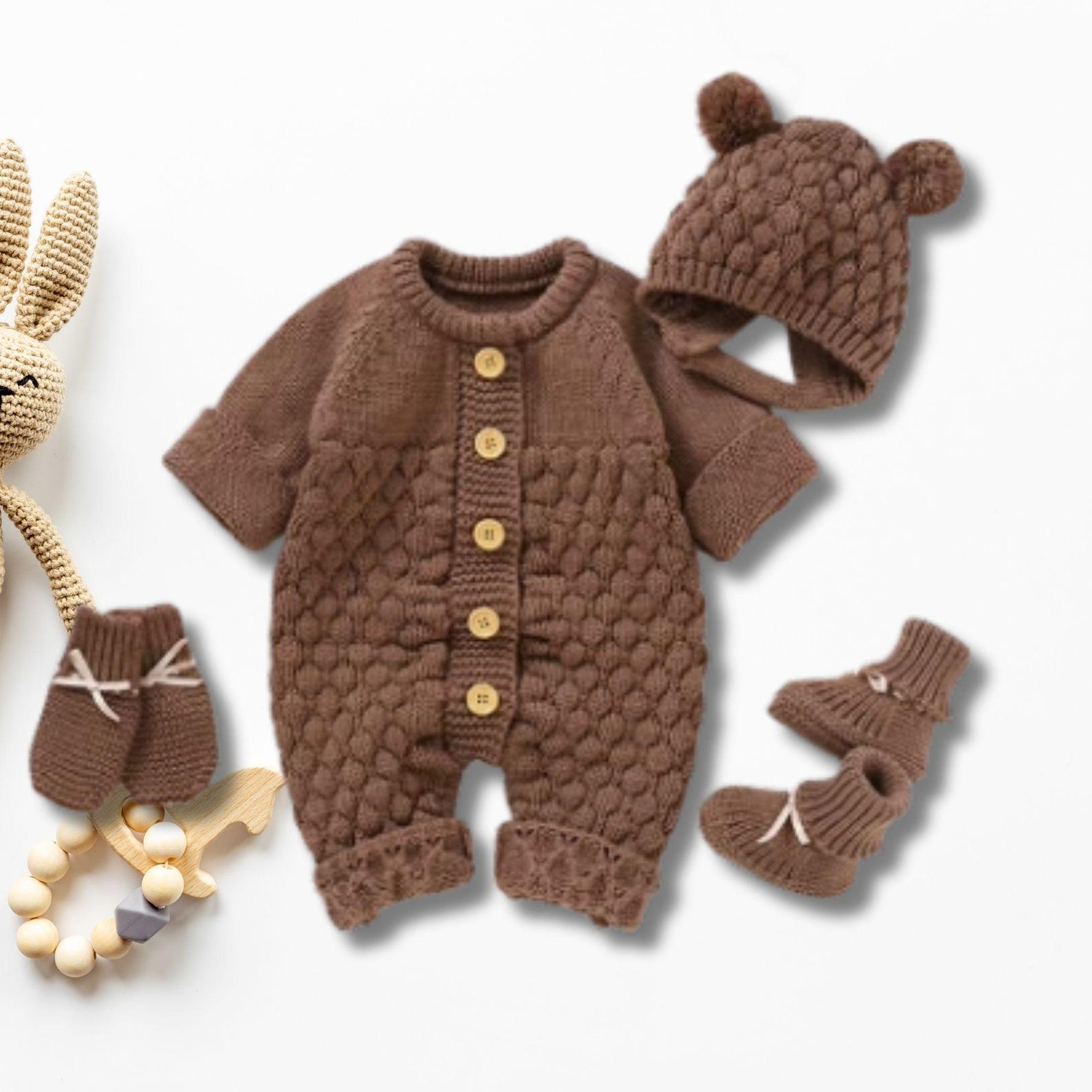 Baby Newborn Chunky Knit Set, Baby Clothing 4PCS, Romper Booties Hat ...