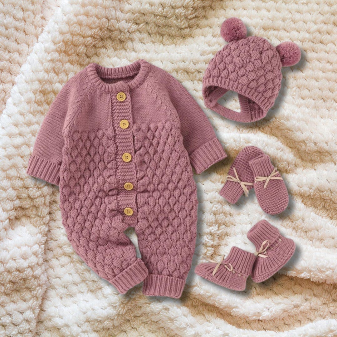 Baby Newborn Chunky Knit Set, Romper Booties Hat, Baby Clothing 4PCS ...