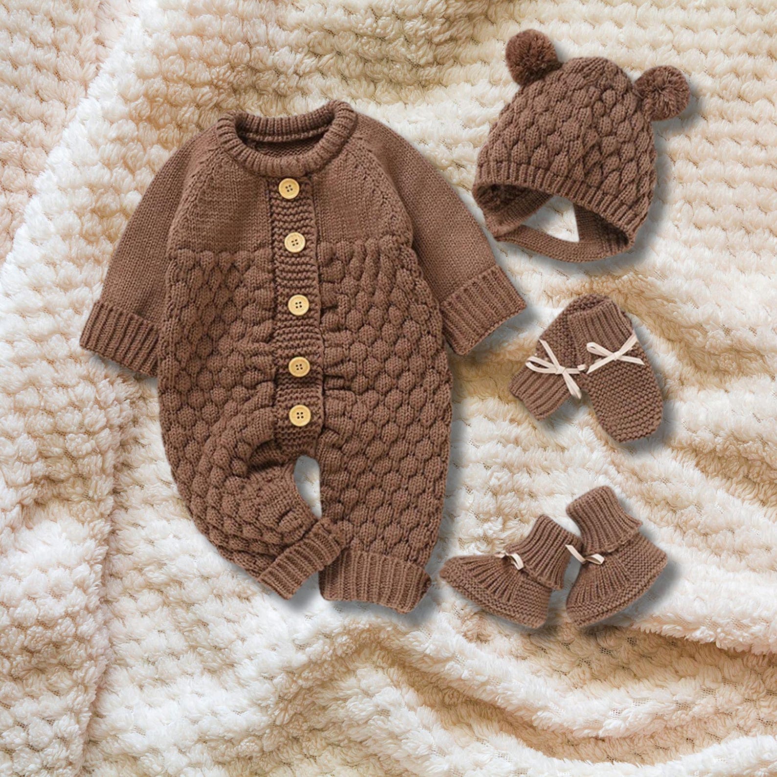 Baby Newborn Chunky Knit Set, Baby Clothing 4PCS, Romper Booties Hat ...