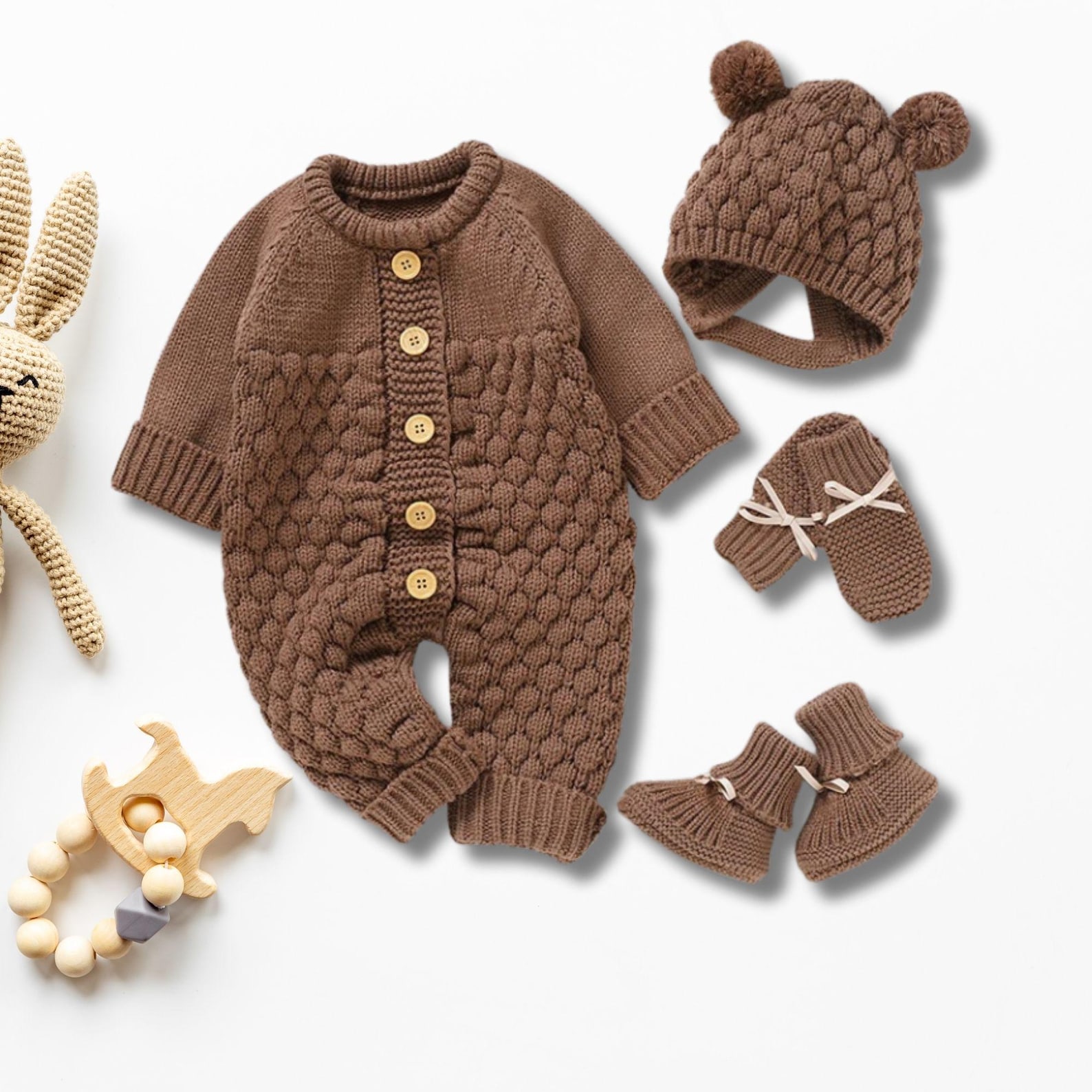Baby Newborn Chunky Knit Set, Baby Clothing 4PCS, Romper Booties Hat ...