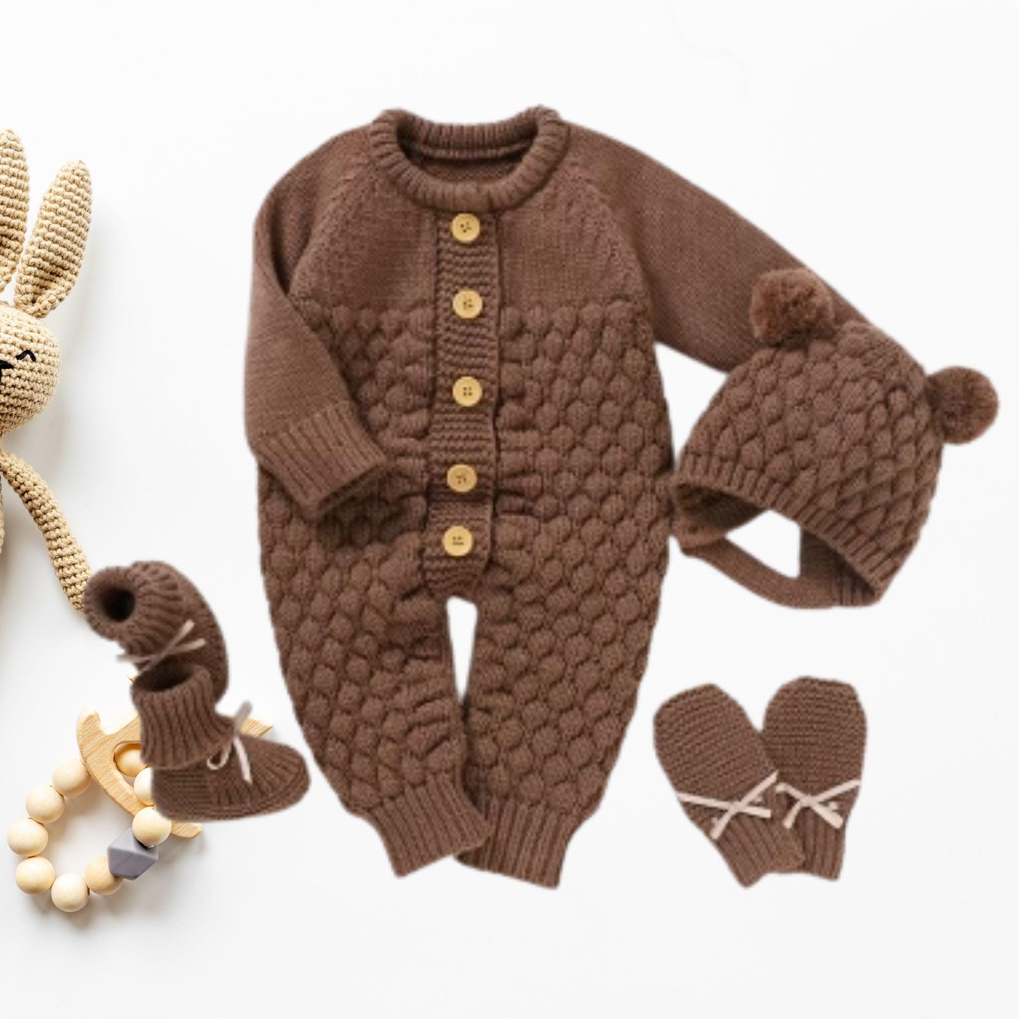 Baby Newborn Chunky Knit Set, Baby Clothing 4PCS, Romper Booties Hat ...