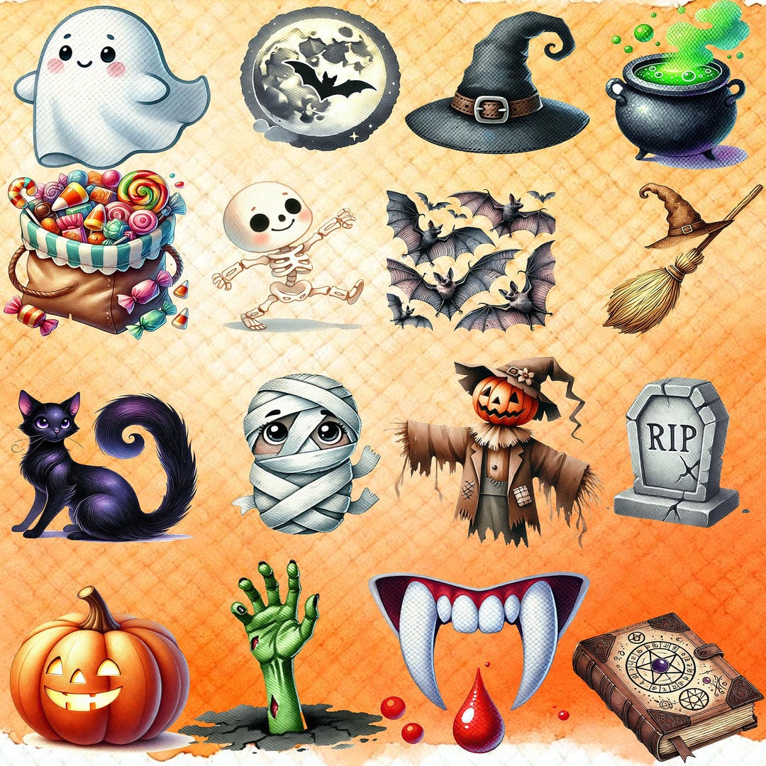 Halloween Watercolor Clipart Collection Digital PNG Witch Hat, Pumpkin ...