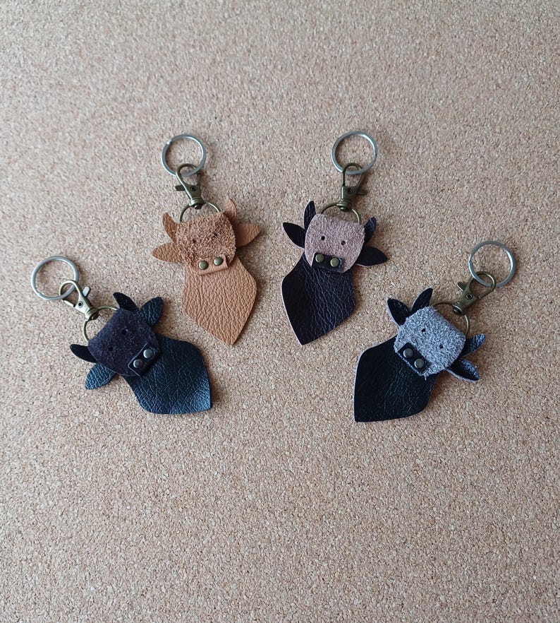 Cow Keychain, Genuine Leather Keyring, Cow Bag Charm, Farm Animal Key ...
