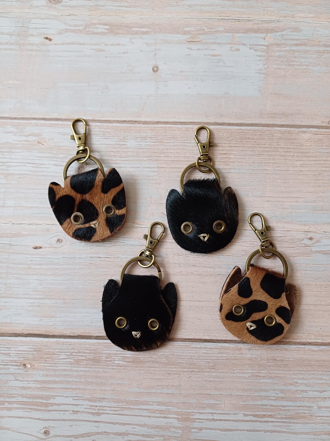 Cat Shaped Leather Keychain - Functional Bag Charm, Hair-on Leather Cat ...