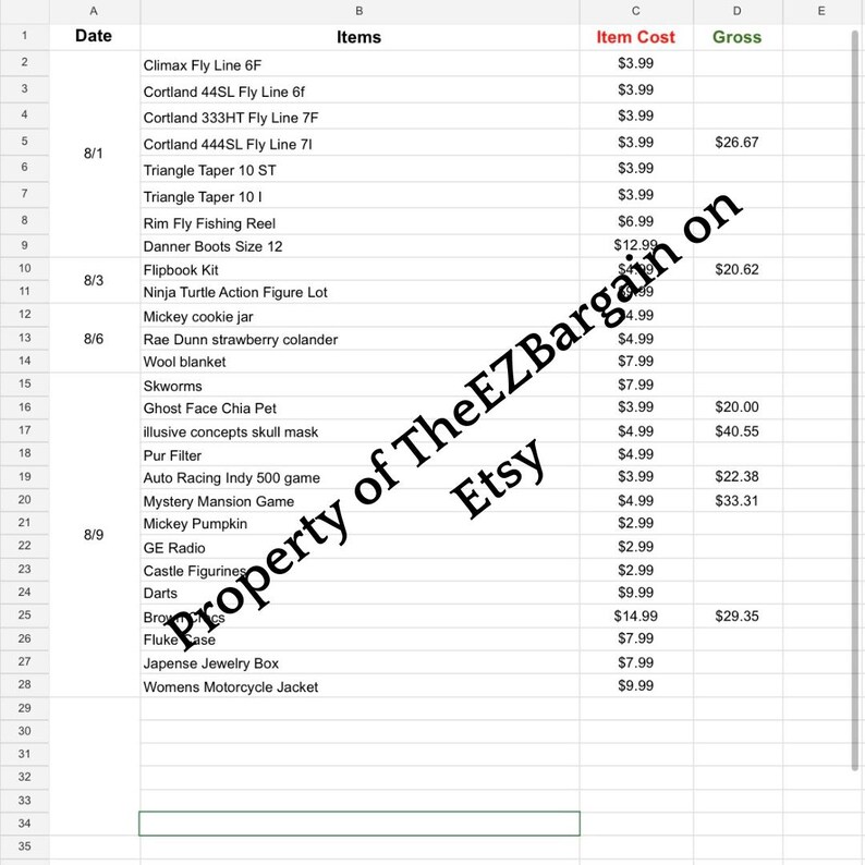 Reseller Basic Inventory Spreadsheet - Etsy
