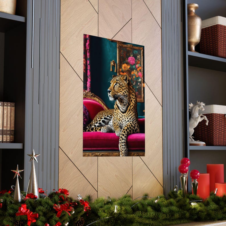 Luxurious Leopard Lounging on Sofa, Wild Animal Art, Maximalist Wall ...