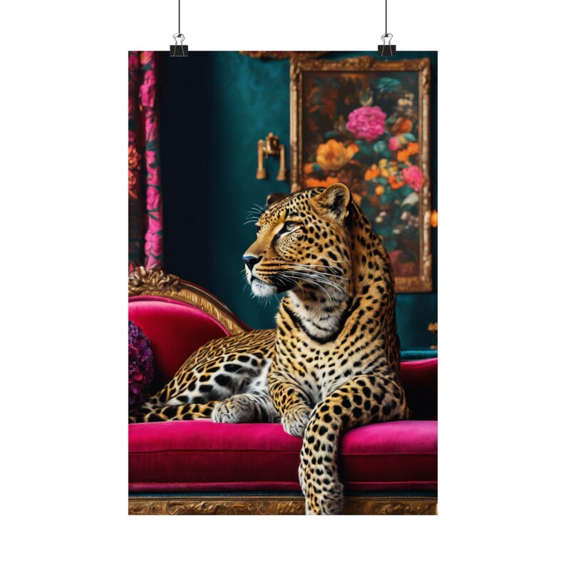 Luxurious Leopard Lounging on Sofa, Wild Animal Art, Maximalist Wall ...