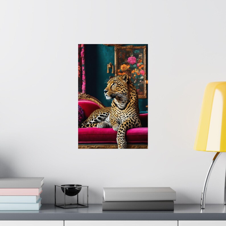 Luxurious Leopard Lounging on Sofa, Wild Animal Art, Maximalist Wall ...