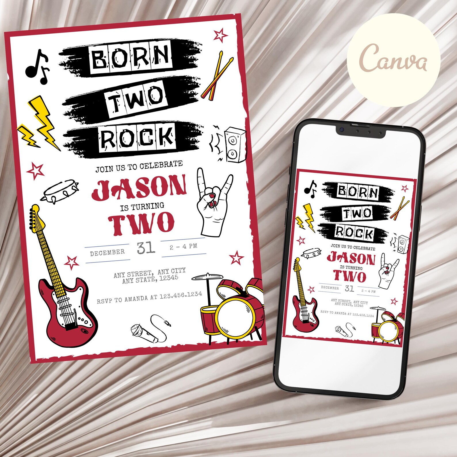 Editable Born to Rock Digital Invitation Template | Born TWO Rock Party ...