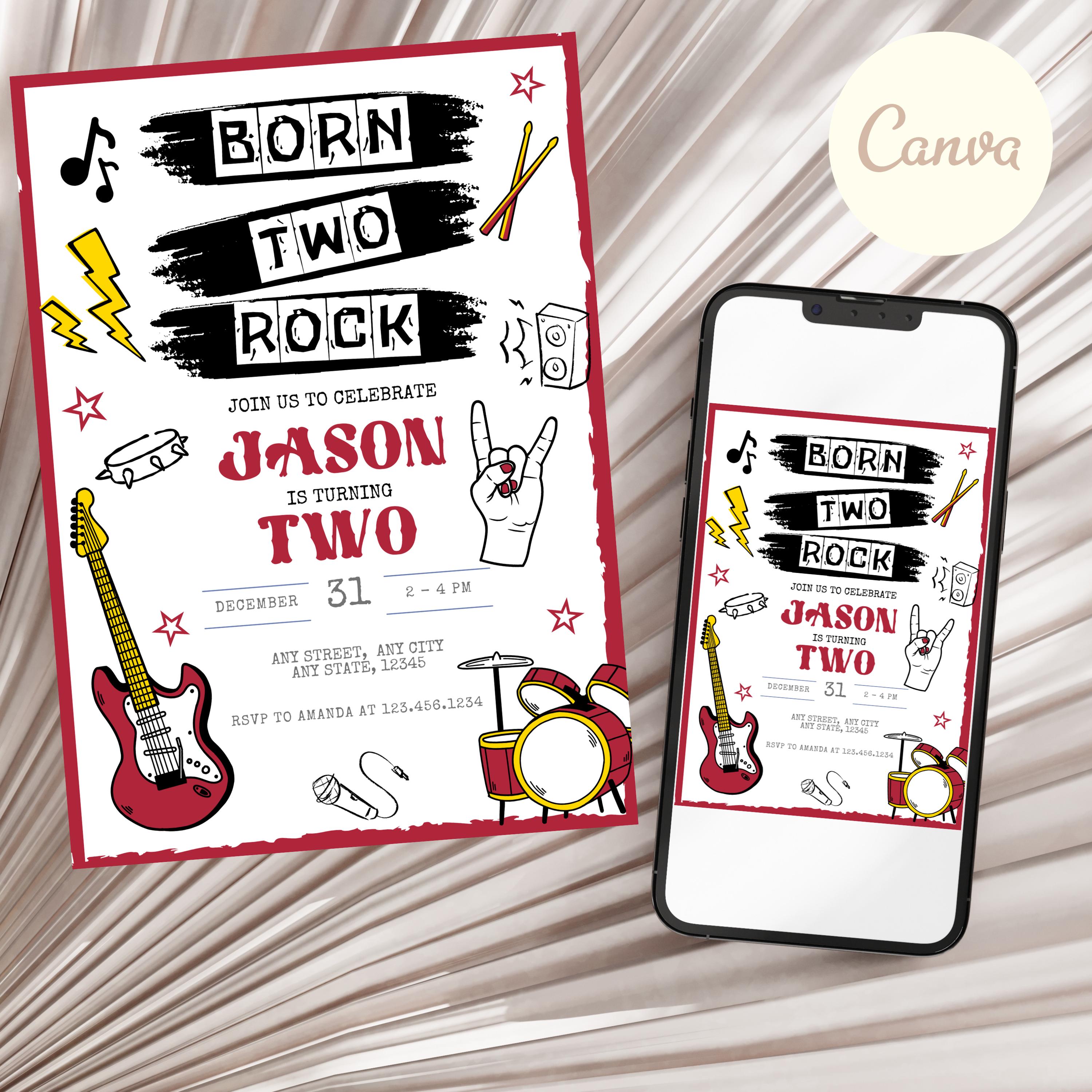 Editable Born to Rock Digital Invitation Template Born TWO Rock Party ...