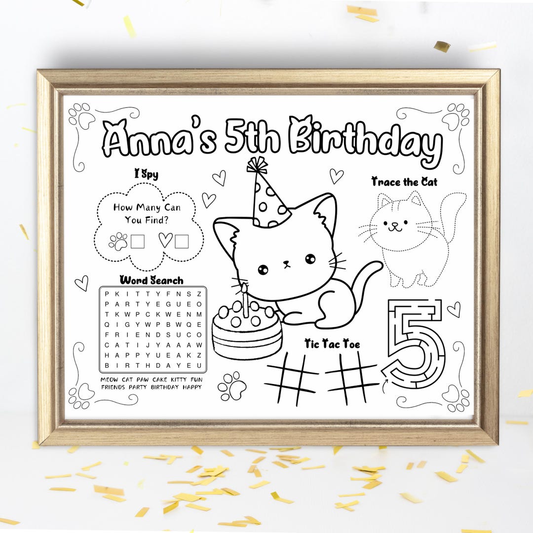 Kitty Cat Birthday Party Coloring Activity Sheet | Printable Cat Party ...