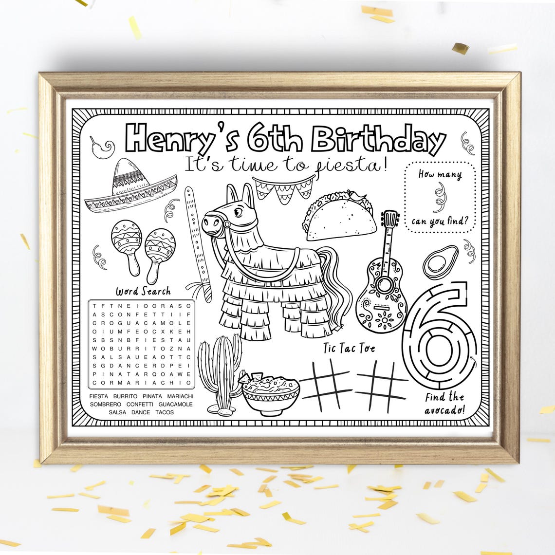 Fiesta Birthday Activity Sheet | Personalized Taco Coloring Placemat ...