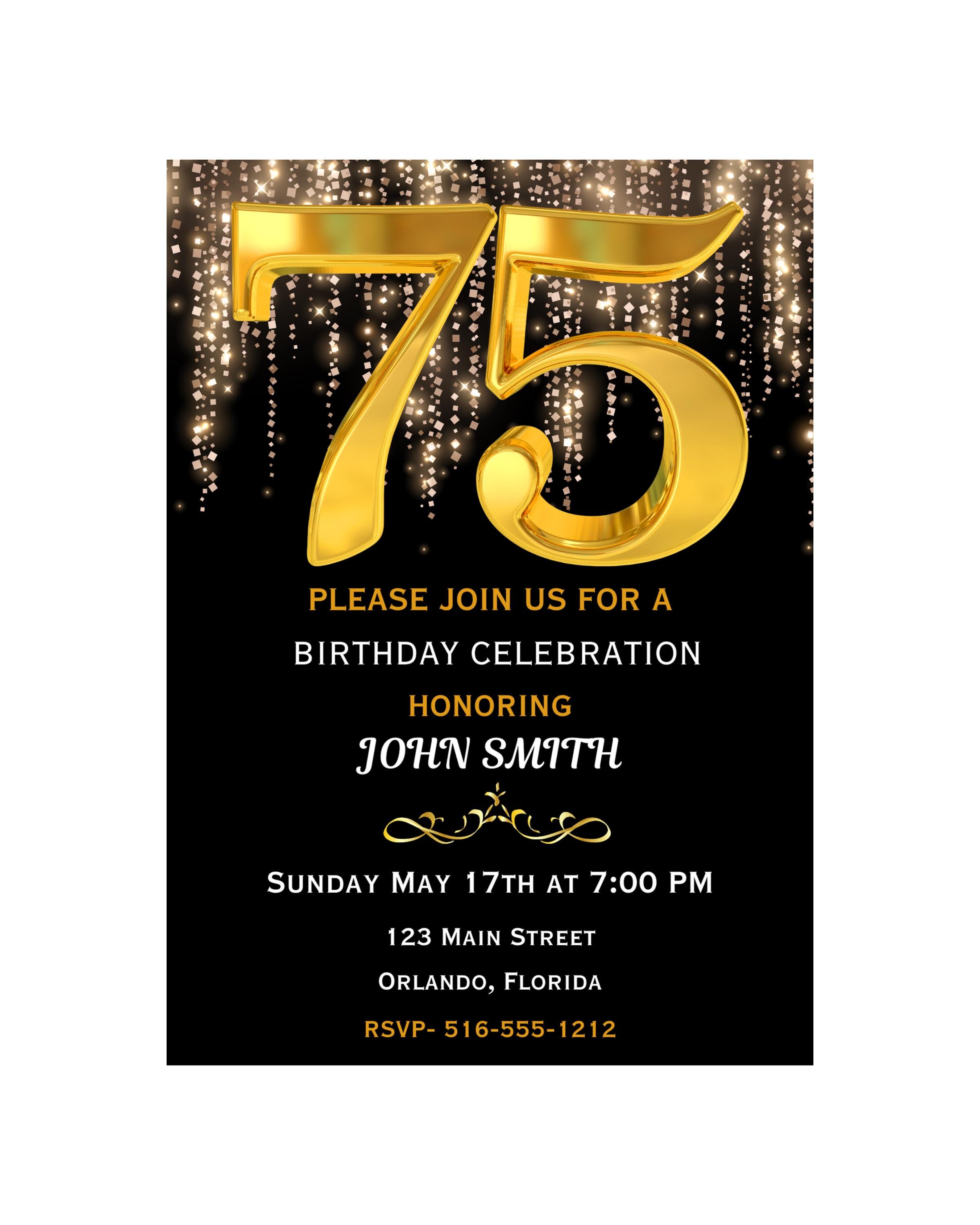 75th Birthday Invitation, Digital Invite, Immediate Download, Personal ...