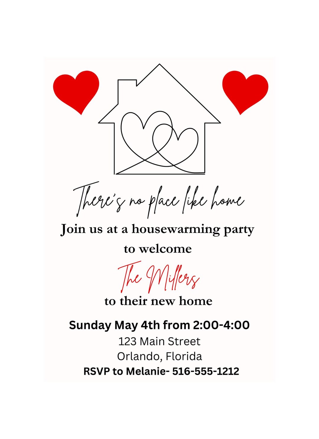 Housewarming Party Invitation, Digital Invite, Sketch Home With Hearts ...