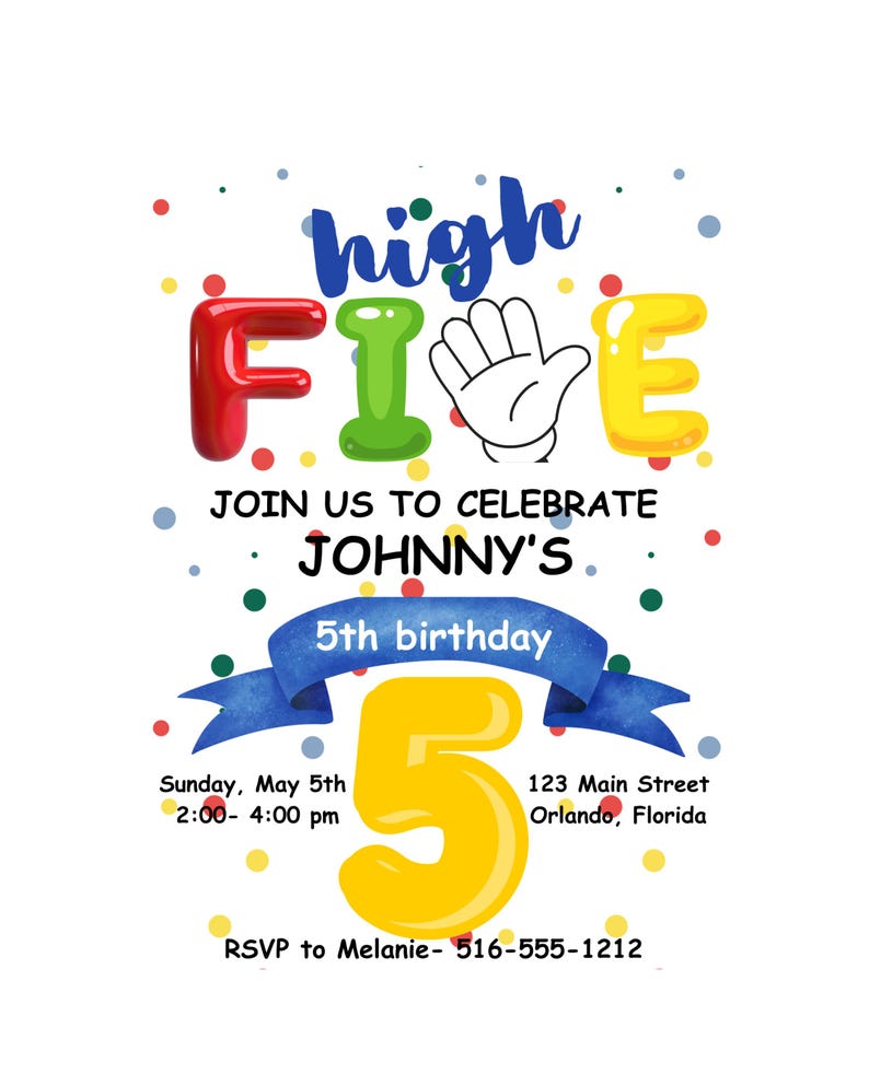5th Birthday Invitation, High Five, Bright Colors, Digital Invite ...