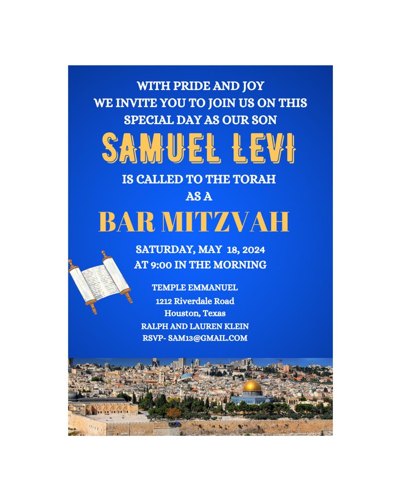 Bar Mitzvah Invitation Template, Jerusalem, Printable Bat Mitzvah ...