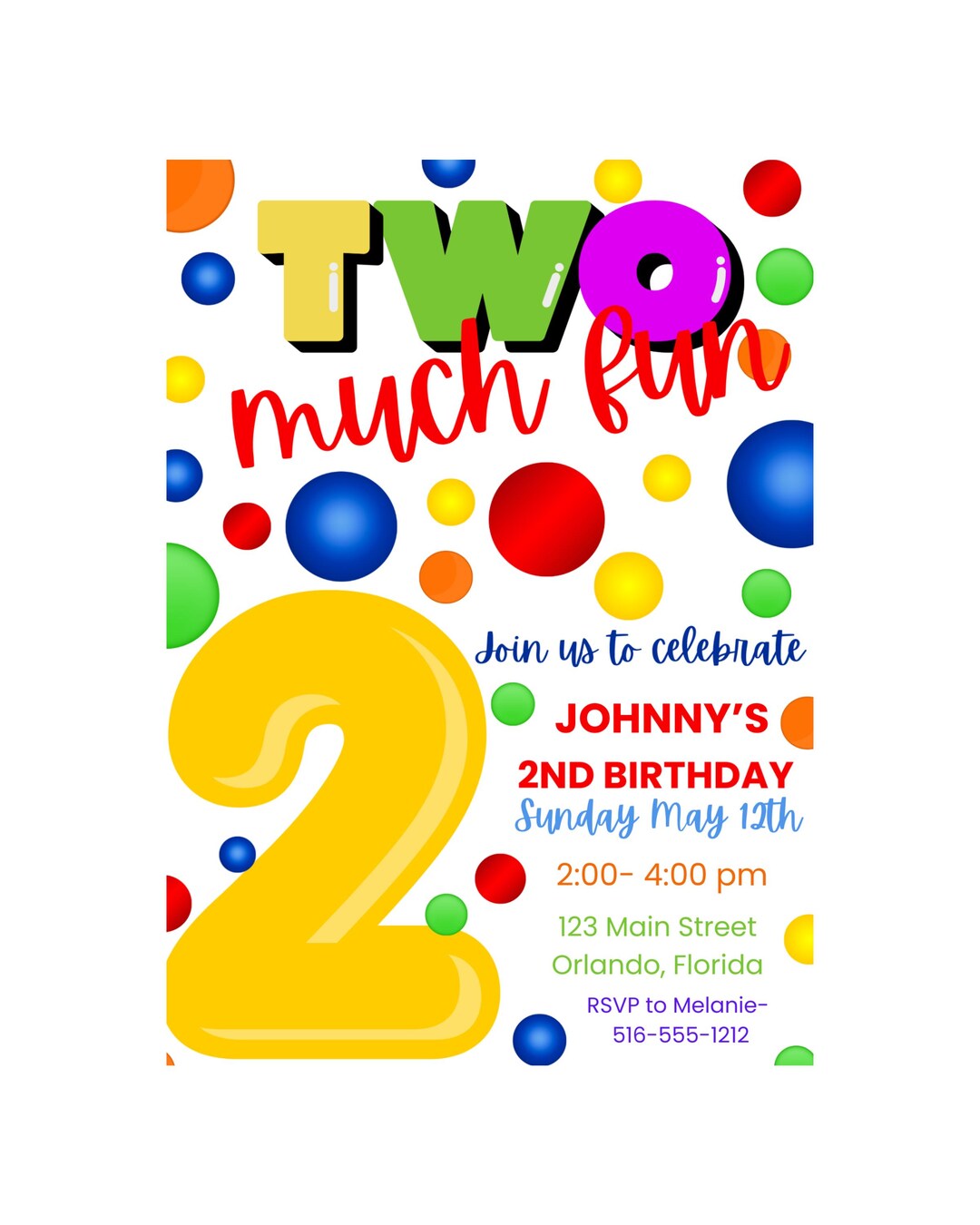 2nd Birthday Party Invitation, TWO, Colorful, Dots, Digital Invite ...