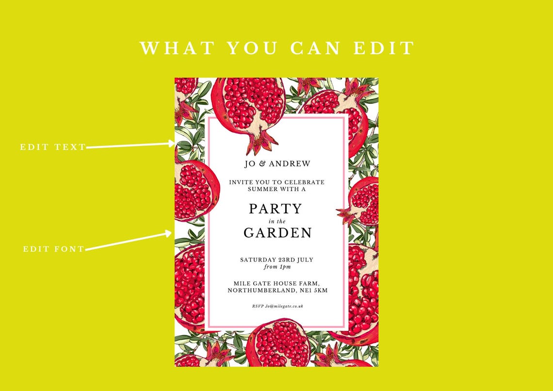 Editable Party Invitation Template Celebration, Canva Pomegranate ...