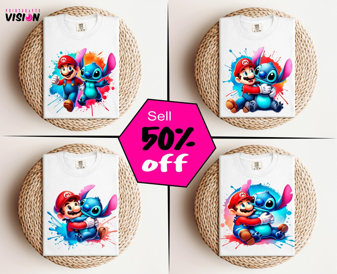 Mario and Stitch Hug, Watercolor Splash Clipart (PNG) - Etsy
