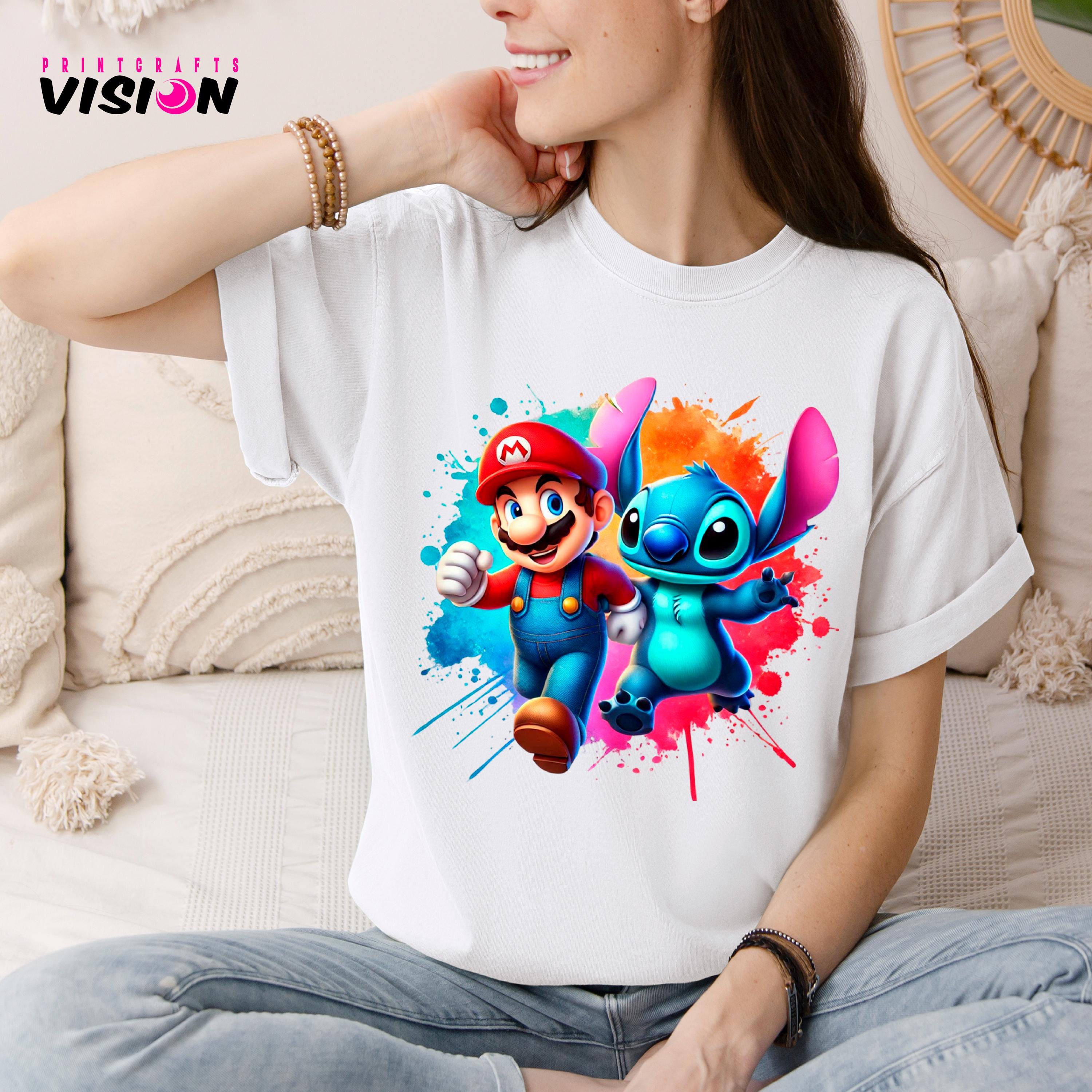 Mario and Stitch Hug, Watercolor Splash Clipart (PNG) - Etsy