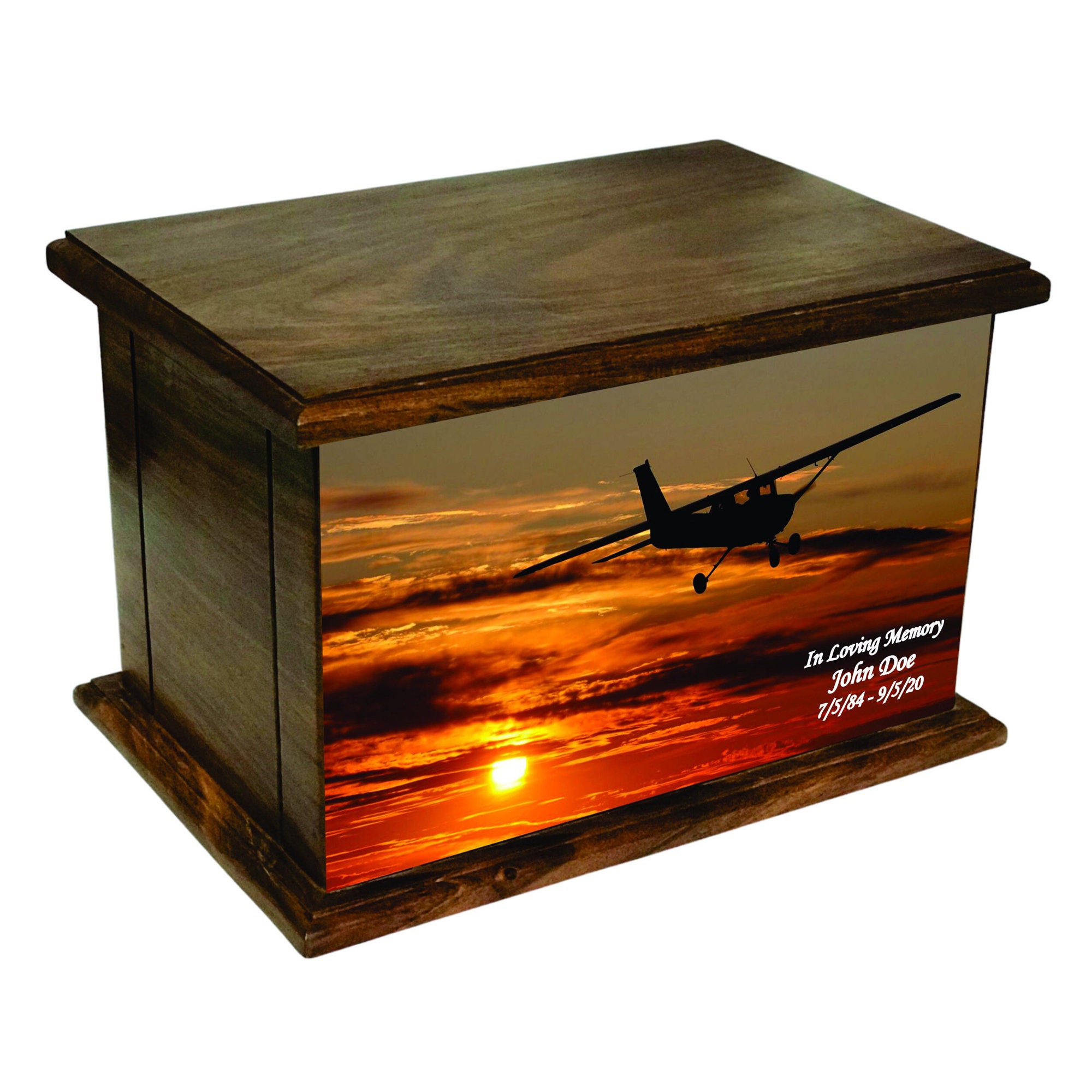 Airplane Sunset Cremation Urn, Wood Funeral Urn, Wooden Urn With Custom ...