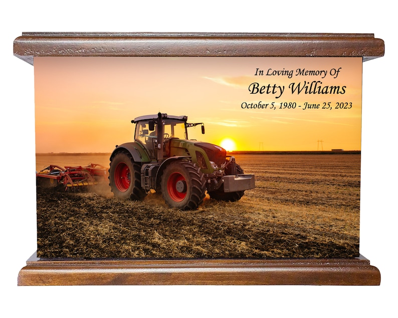 Farm Tractor and Sunset Cremation Urn, Personalized Wooden Farmer's ...