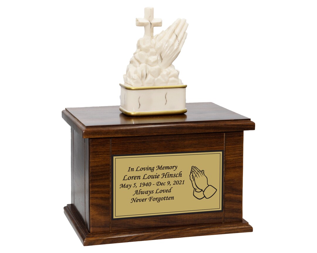 Praying Hands and Cross Wooden Funeral Urn, Religious Cremation Urn ...