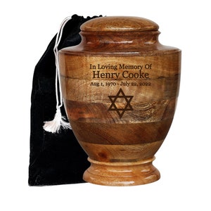 Star of David Wooden Urn for Human Ashes, Adult Size Hard Wood Jewish ...