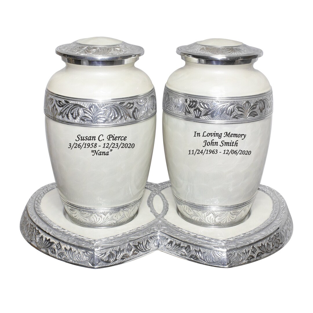 Double Cremation Urns for Human Ashes, White and Silver Funeral ...