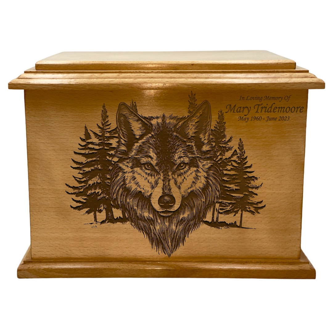 Howling Wolf Cremation Urn, Wolf in Forest Wooden Funeral Urn, Animal ...