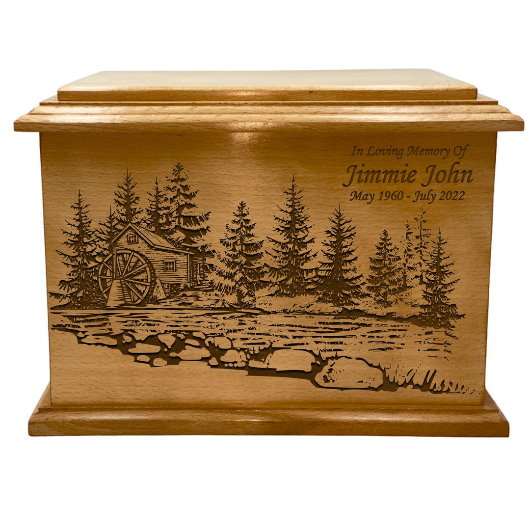 Watermill Cremation Urn, Cabin by the Lake Wood Funeral Urn, Nature ...