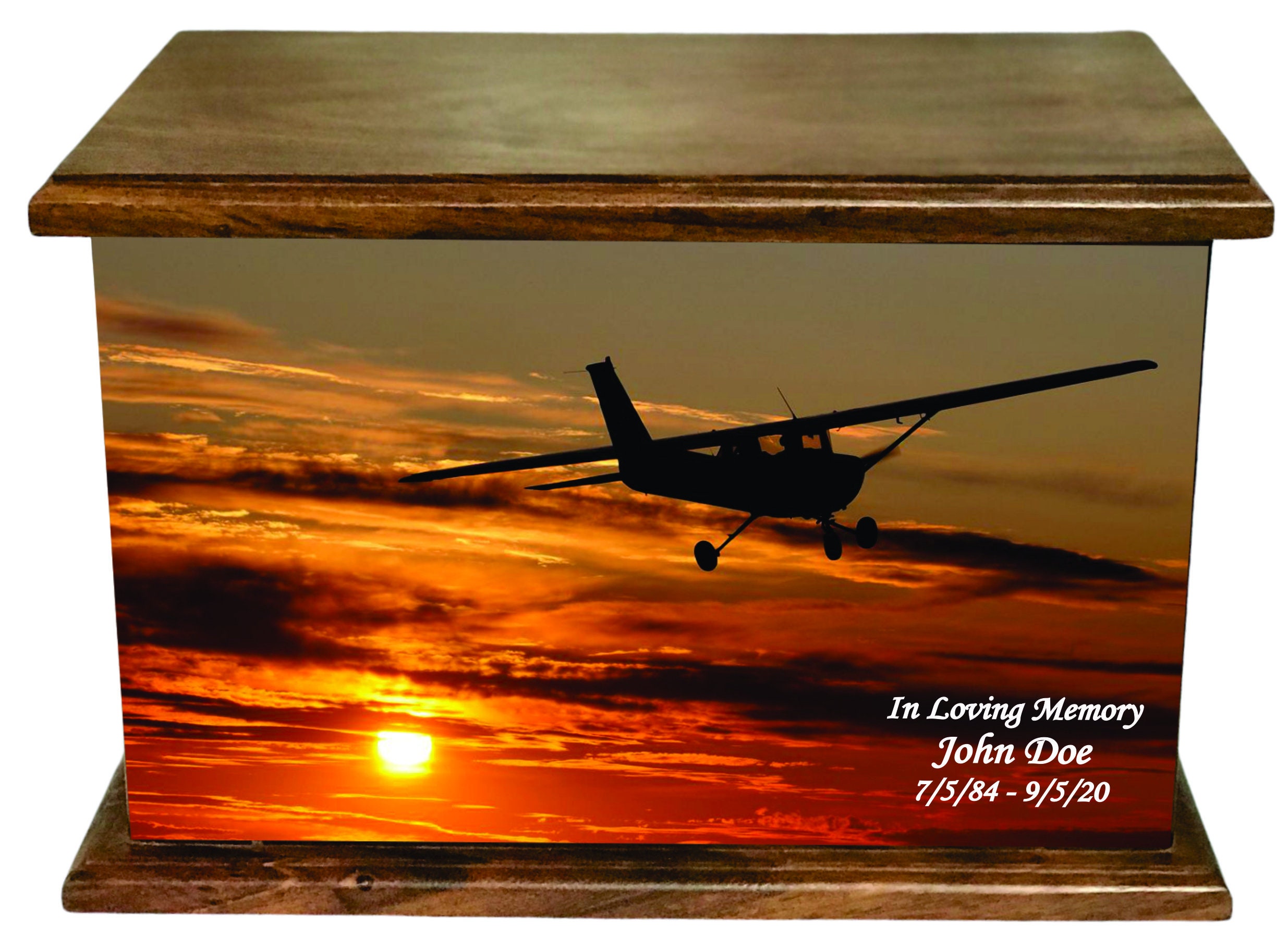 Airplane Sunset Cremation Urn, Wood Funeral Urn, Wooden Urn With Custom ...