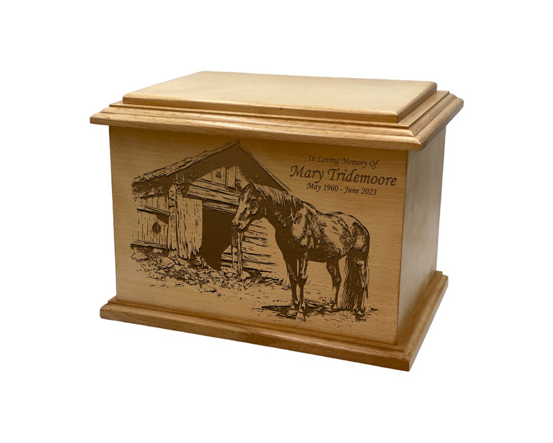 Barn House and Farm Horse Cremation Urn, Adult Size Wooden Funeral Urn ...