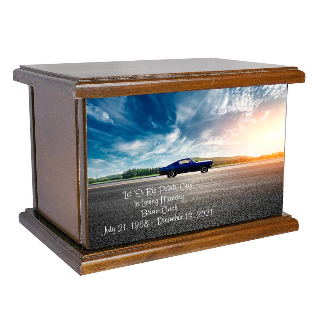 Blue Classic Car Sunset Cremation Urn, Wood Funeral Urn, Wooden Urn ...