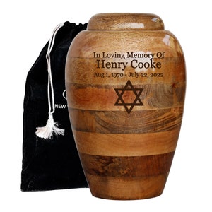 Star of David Wooden Urn for Human Ashes, Adult Size Hard Wood Jewish ...