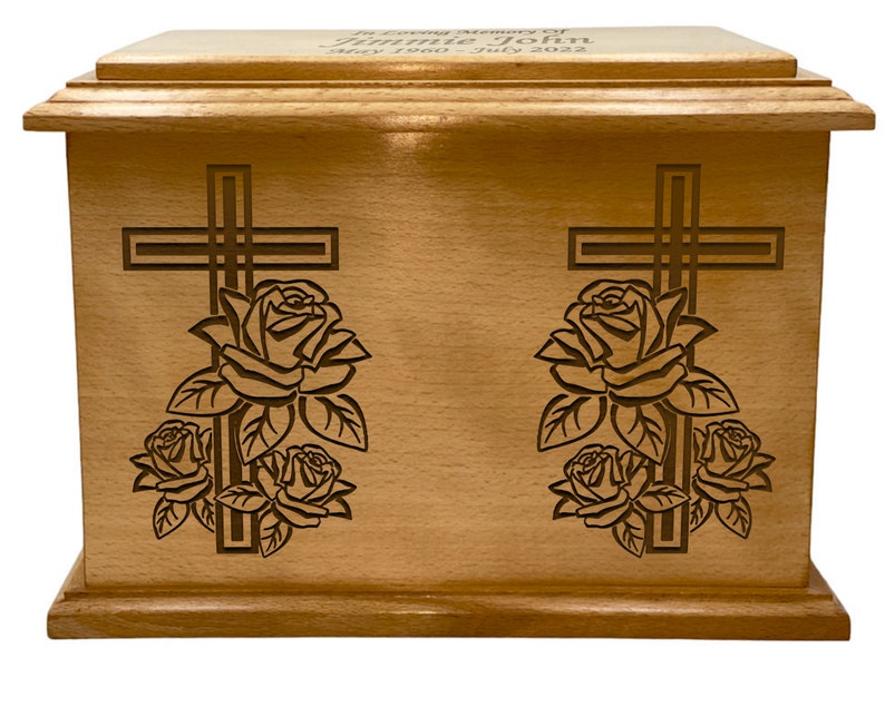 Cross Wooden Cremation Urn, Cross With Roses Wood Funeral Urn ...
