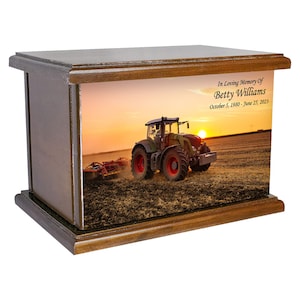 Farm Tractor and Sunset Cremation Urn, Personalized Wooden Farmer's ...