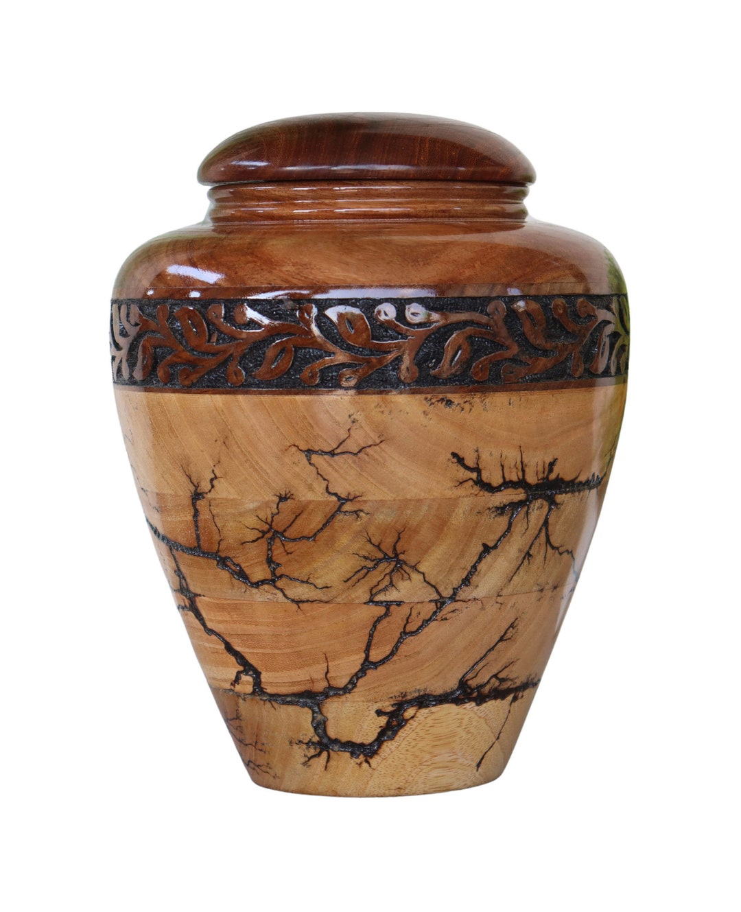 Lichtenberg Figures Cremation Urn With Carved Border - Unique Memorial ...