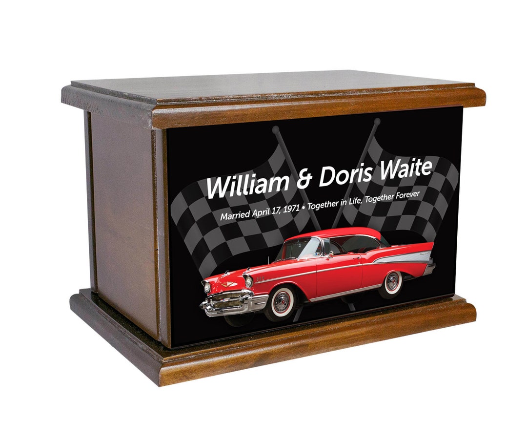 57 Chevy and Racing Flags Car Cremation Urn, Wood Funeral Urn, Wooden ...