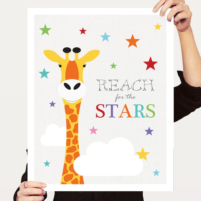 Giraffe print reach for the stars nursery art wild animal | Etsy