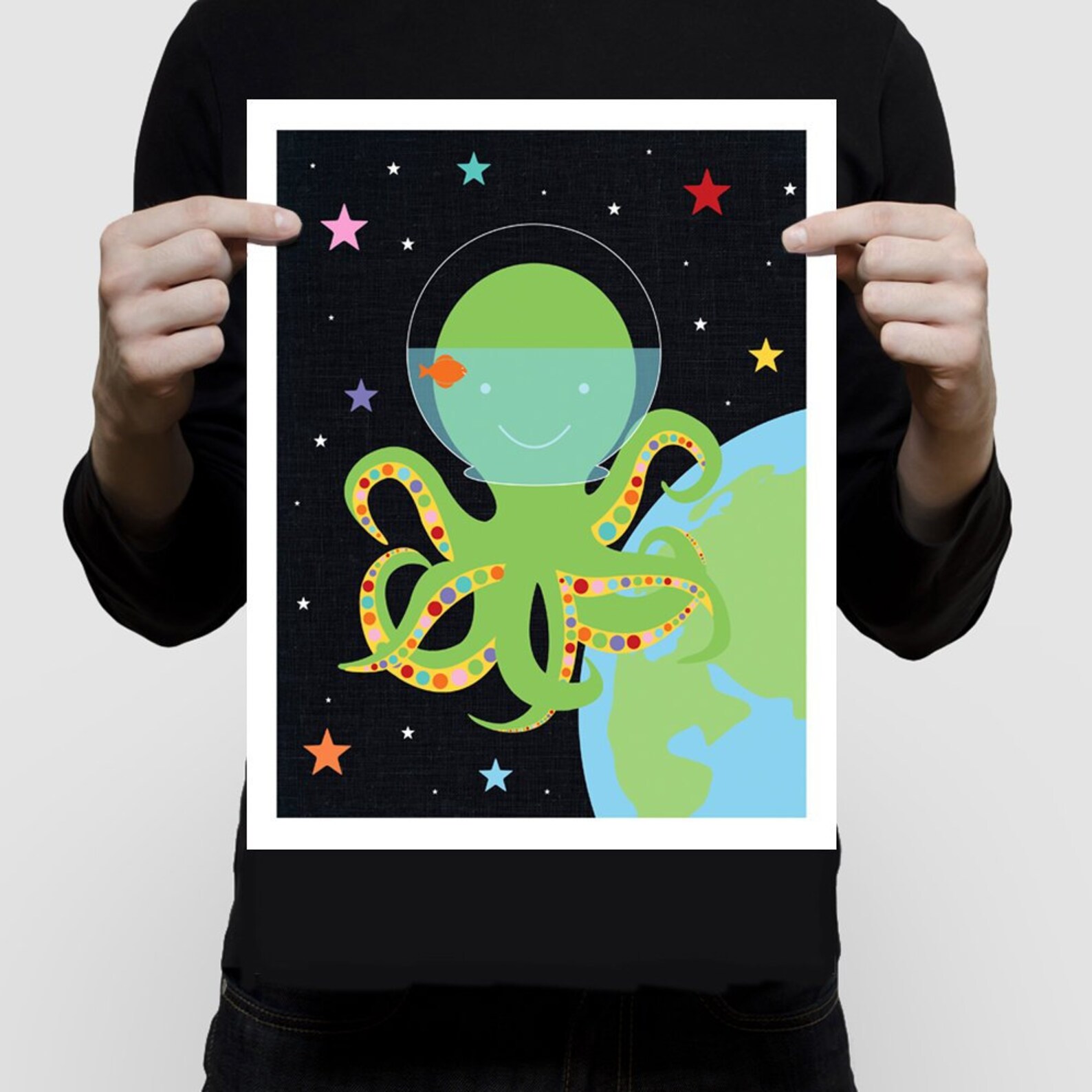 Space Octopus Art Print Space Themed Nursery Art Fun | Etsy