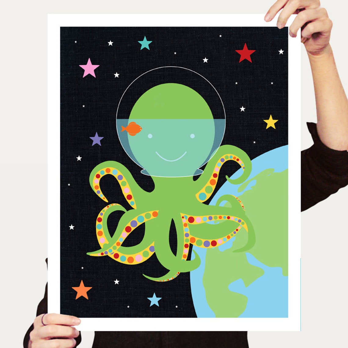 Space Octopus Art Print Space Themed Nursery Art Fun | Etsy
