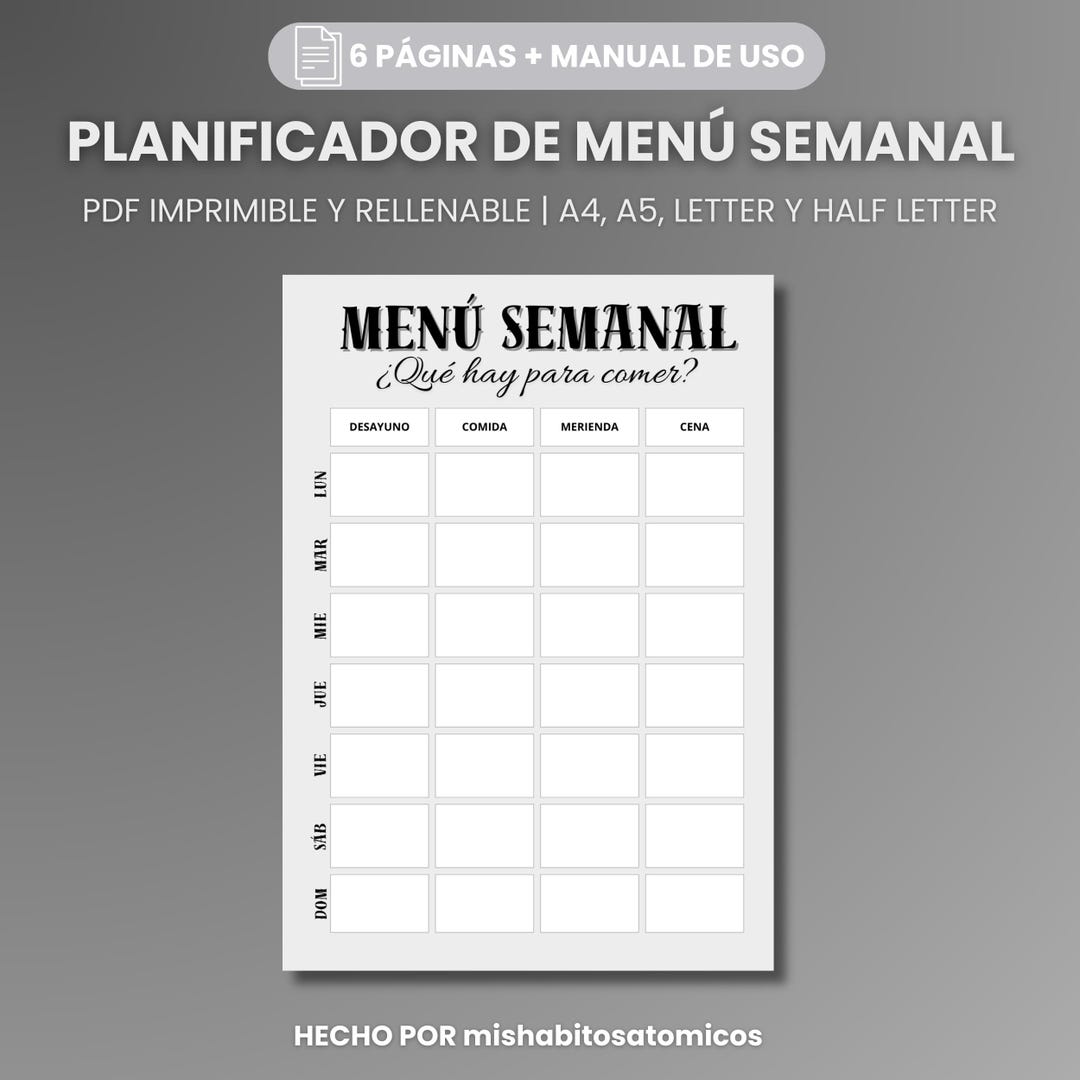 Printable and Fillable Weekly Menu Planner, Fillable Template, Weekly ...
