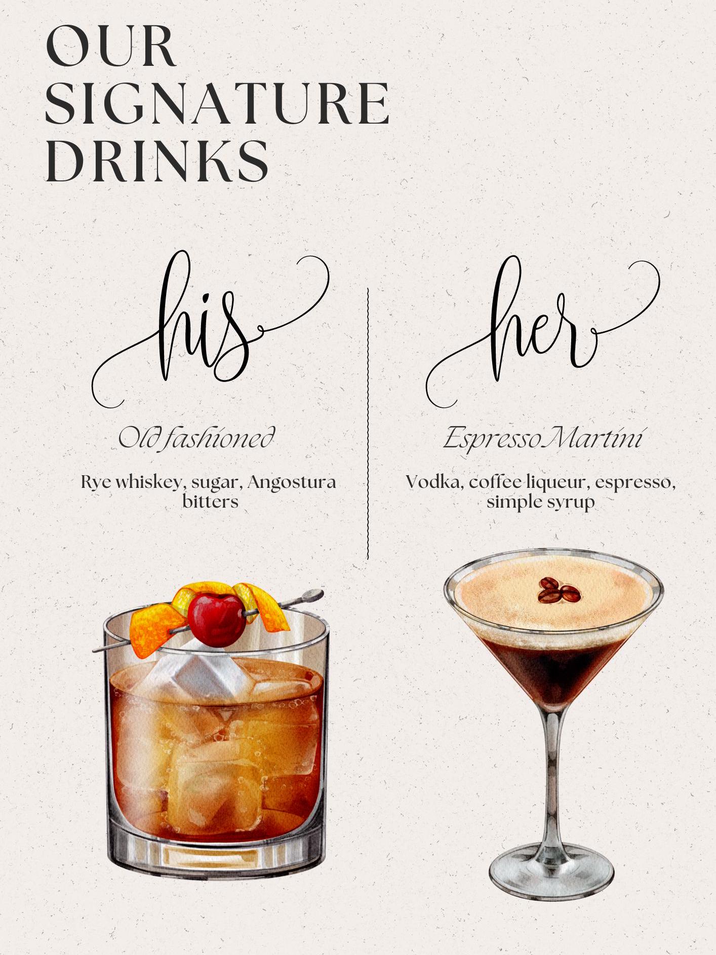 His and Hers Cocktail Menu Wedding Bar Menu Printable Elegant Digital ...