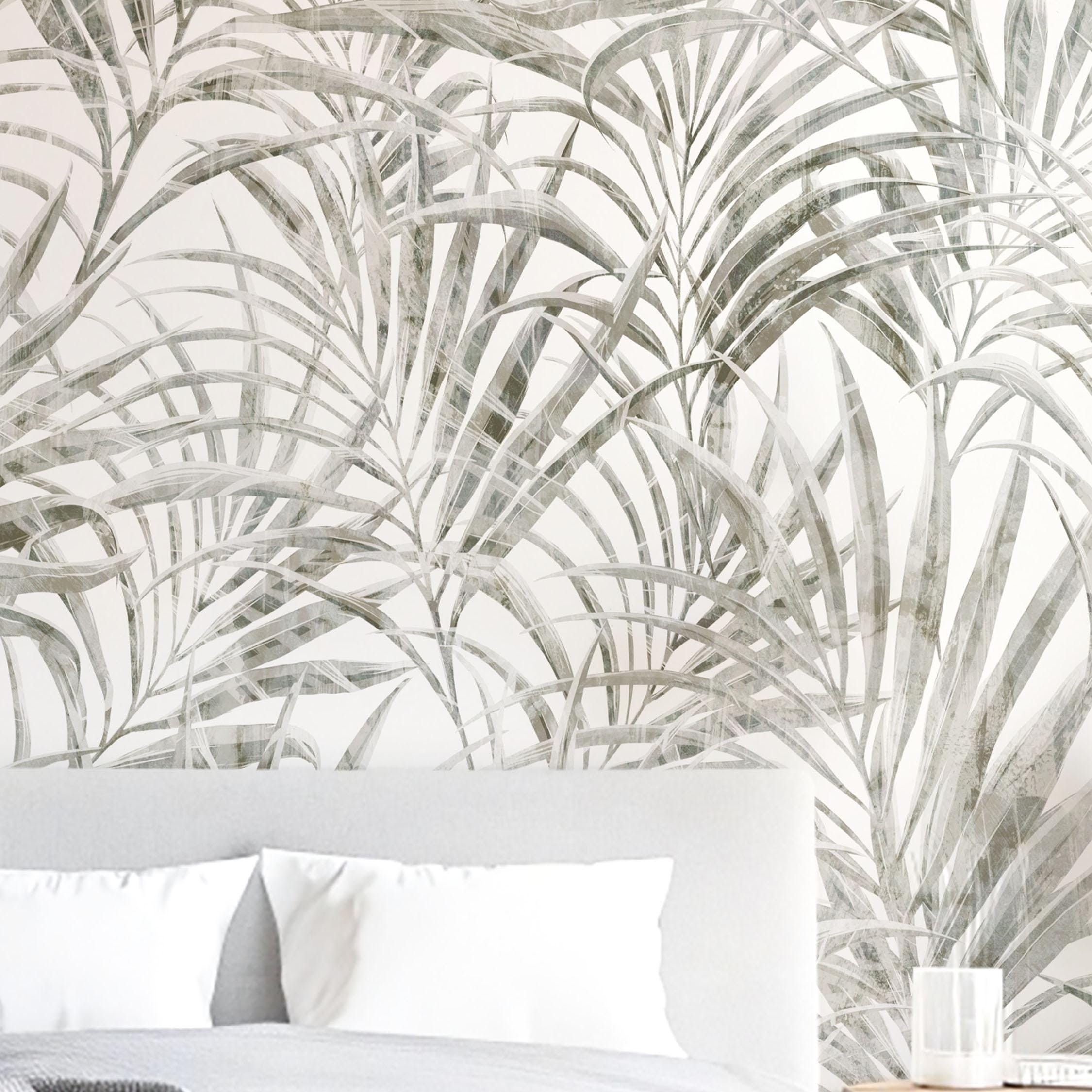 Gray Palm Leaves Wallpaper Peel and Stick, Wallpaper Mural, Removable ...