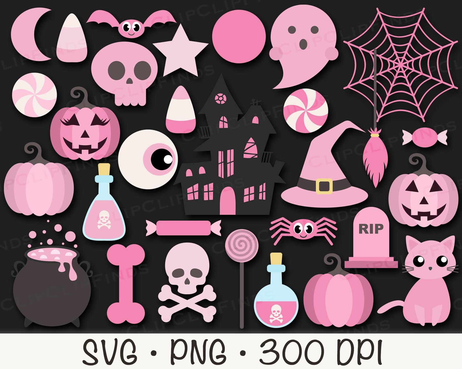 Pink Halloween Clipart, Cute Pink Halloween Clip Art, Cute Girly, SVG ...
