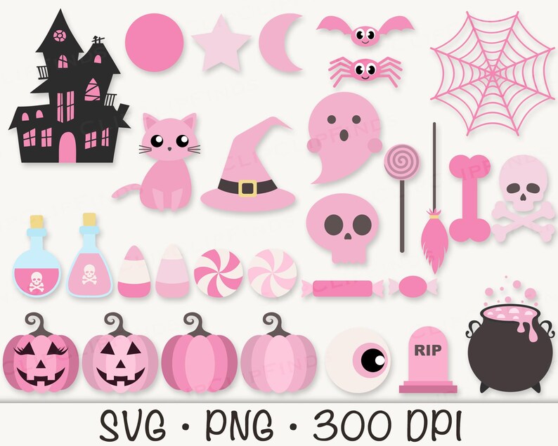 Pink Halloween Clipart, Cute Pink Halloween Clip Art, Cute Girly, SVG ...