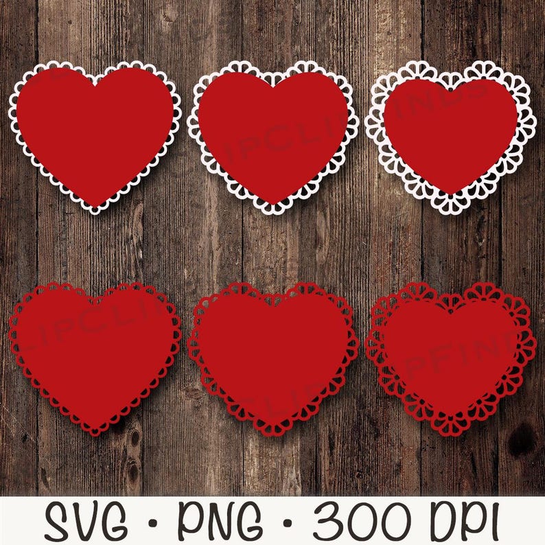 Doily Hearts SVG, Lace Hearts PNG, Scalloped Hearts Clipart, Valentine ...